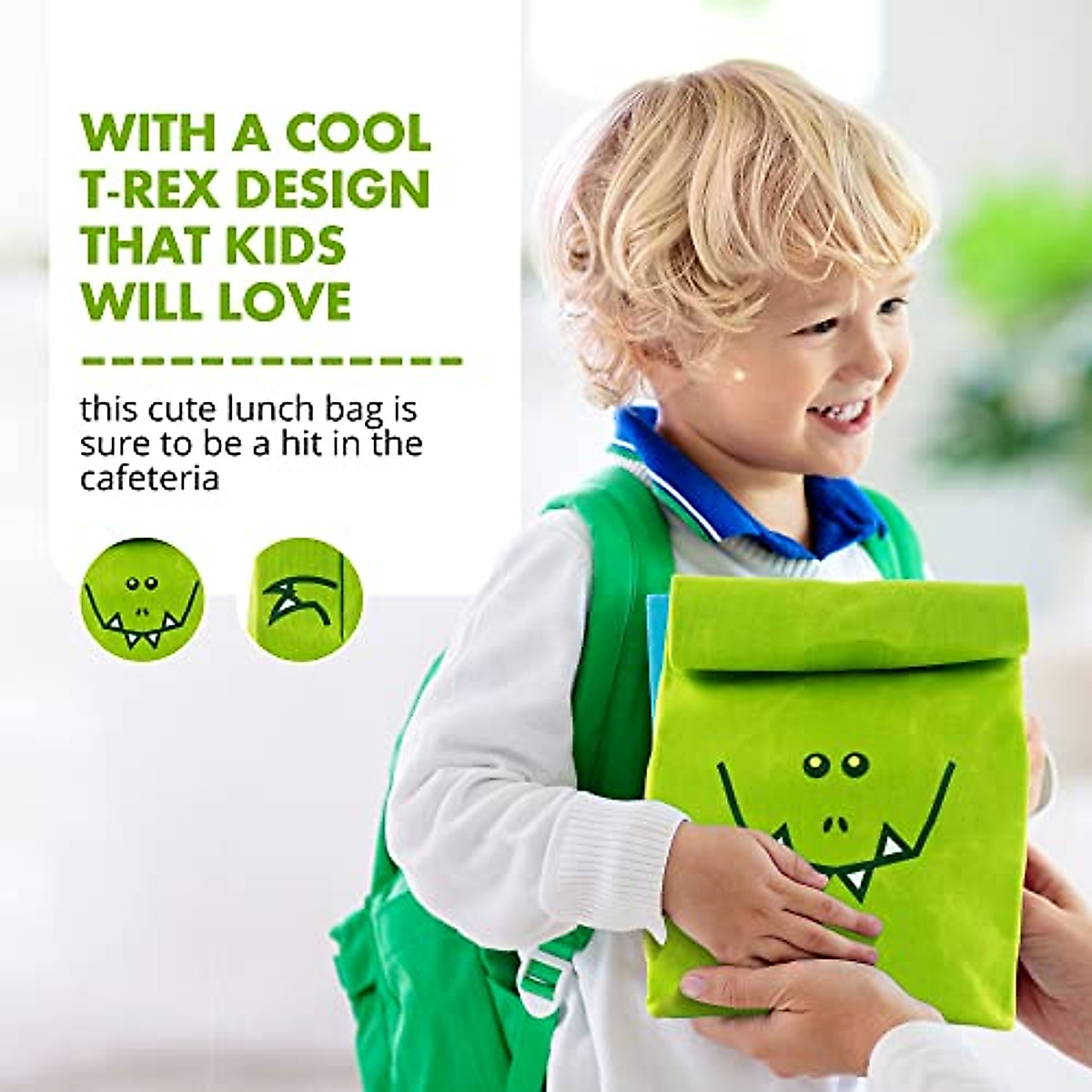Rarr! Goods - T-Rex Bite Waxed Canvas Lunch Bag, Cute Reusable Lunch Bag for Kids, Long-Lasting Waterproof Lunch Bag, Large-Sized Waxed Lunch Bag, 9 x 14 x 6.3 inches, Green - Kids 3 and up