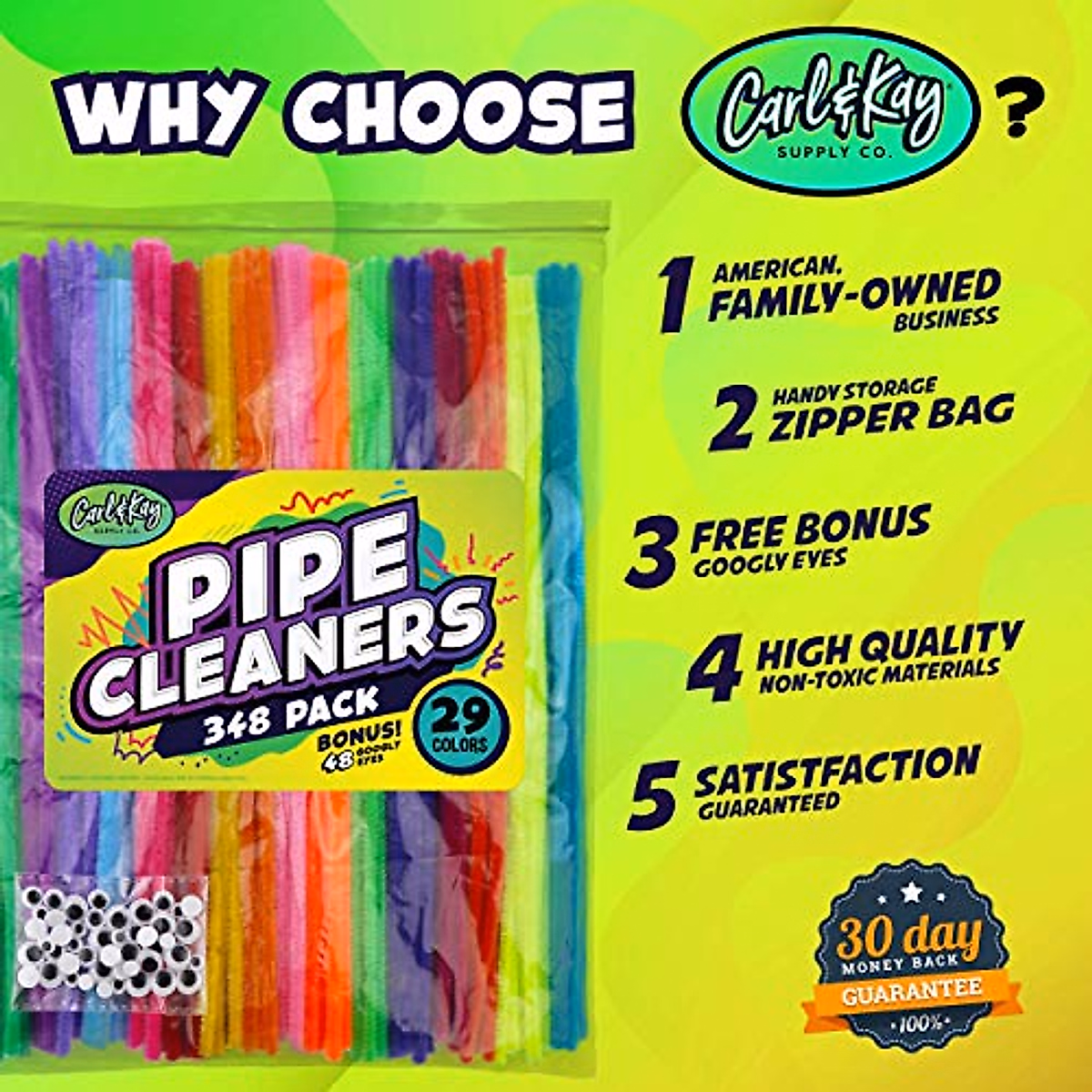 Carl & Kay 348 Pipe Cleaners & 48 Googly Eyes - Chenille Stems Pipe Cleaners Craft - Colorful Pipe Cleaners for Crafts - Colored Pipe Cleaners for Kids - Bulk Pipe Cleaners - Soft Fuzzy Chenille Stems