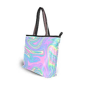 Bolaz Tote Bag with Pockets for Women Rainbow Marble Holographic Shoulder Bag Handbags Zipper Small Travel Office Business