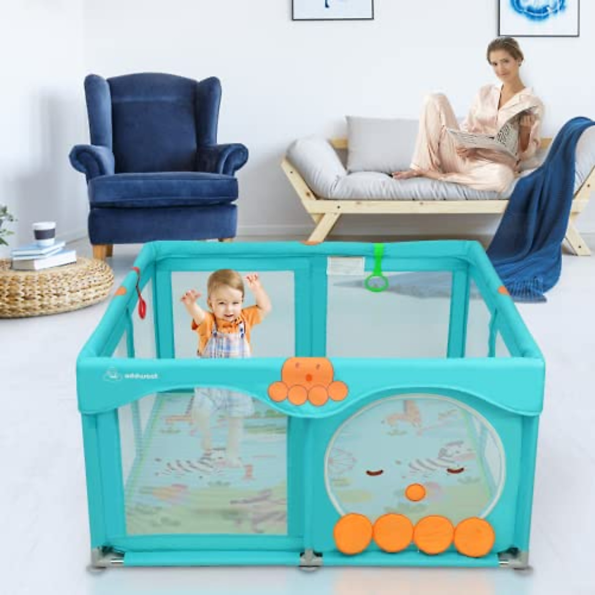 Addweet Baby Playpen for Babies and Toddlers, Cartoon Large Play Yard for Baby with Mat, Safety Playpen for Baby, Baby Play Area Indoor & Outdoor, Octopus, 50”×50” (Blue)