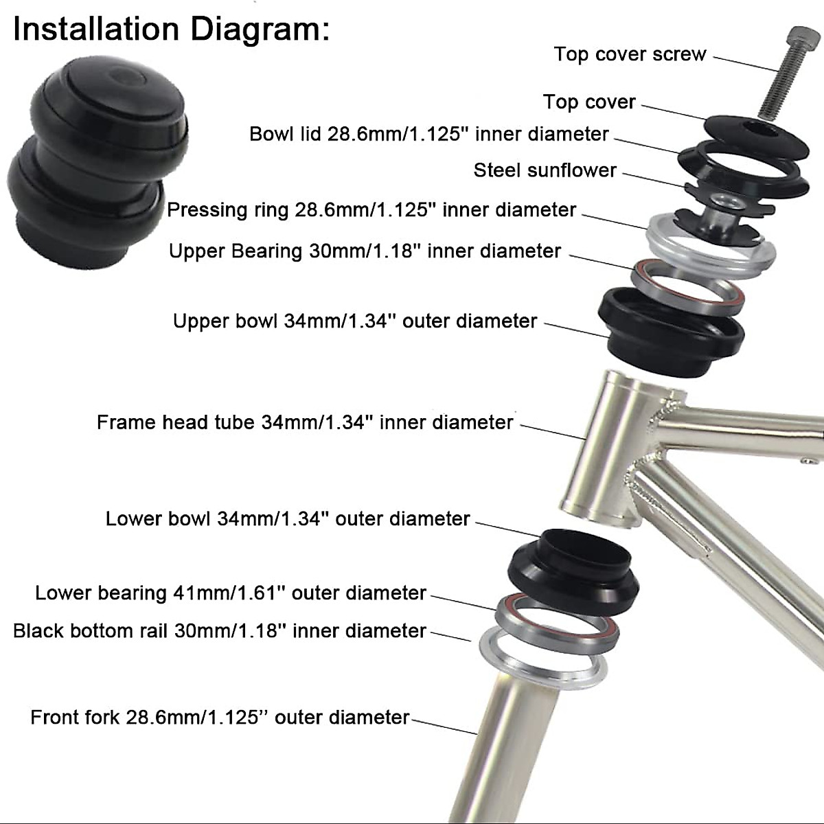 CYDZSW 1-1/8'' Threadless Bike Headset for Bikes Fork,with Spacers Star Nut Stem Cap and Bearings,Fit for MTB Mountain Race Bicycle BMX Scooter Headset Parts 34mm