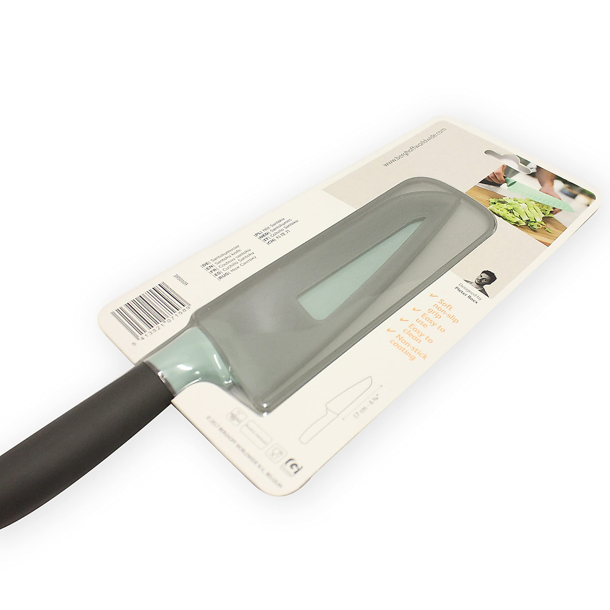 Berghoff LEO Non-stick Stainless Steel Wide Blade Santoku Knife 6.75" Mint PP Fitted Protective Sleeve Multifunctional Knife Soft-touch PP Soft Grip Handle