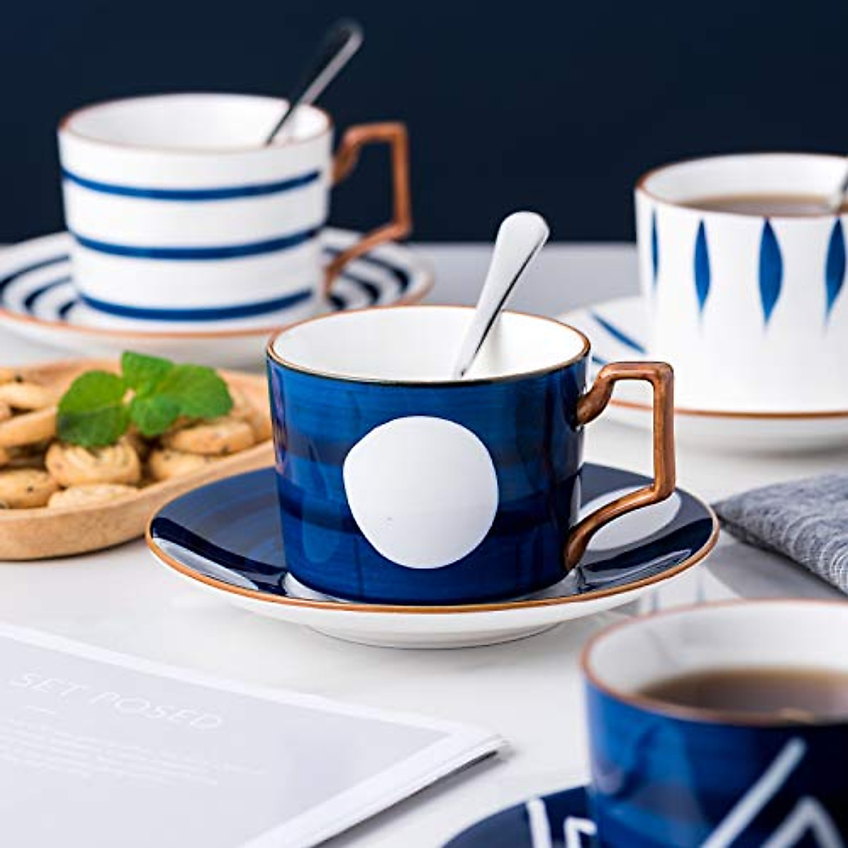 Jusalpha Japanese style hand printed- 7oz Fine China Tea Cup/Coffee Cup With Spoon and Tray/Saucer Set, Tableware, Serve of 4, TCS25