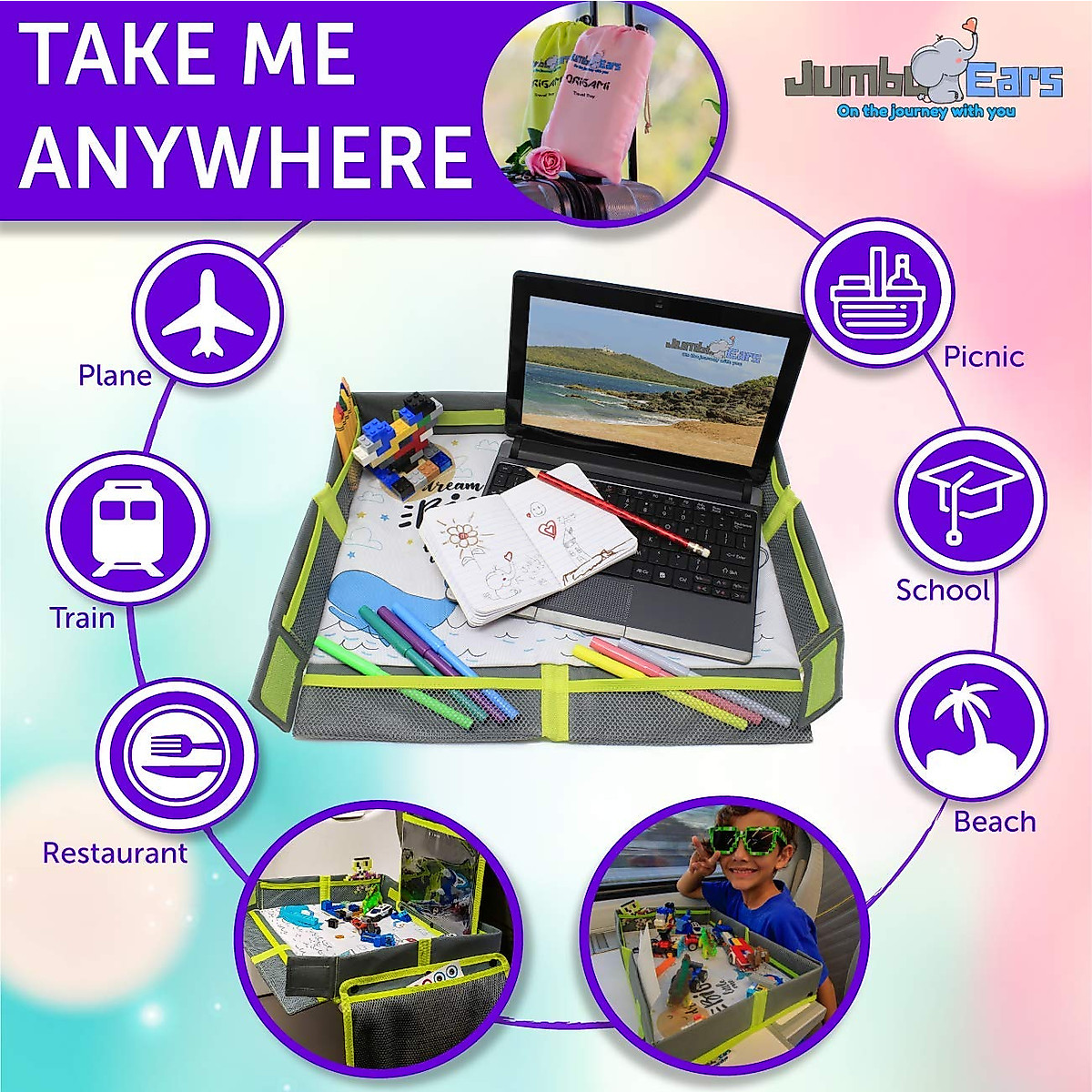 Jumbo Ears Origami Kids Travel Tray Placemat Cover -Gray- Foldable and Easy to Setup with Bonus Portable Multipurpose Side Pockets Organizer for Tablets and Phones Activities or Snacks for Toddler