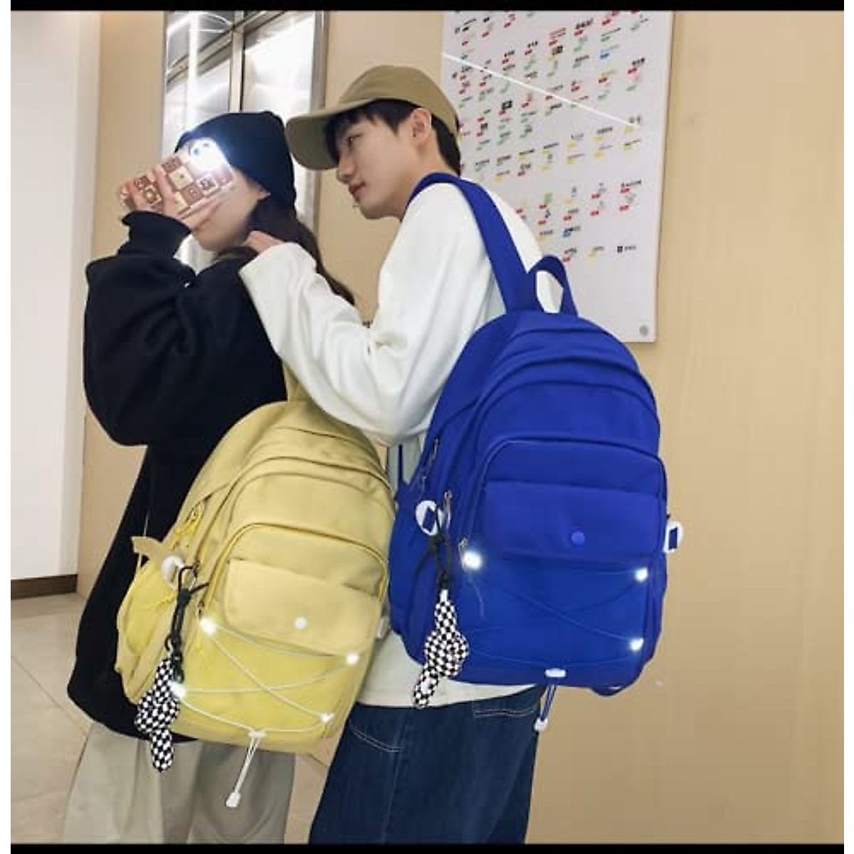 Indie Backpack School Japanese Asthetic Backpack INS Travel Bag Monochrome Backpack with Cute Pendant (yellow)