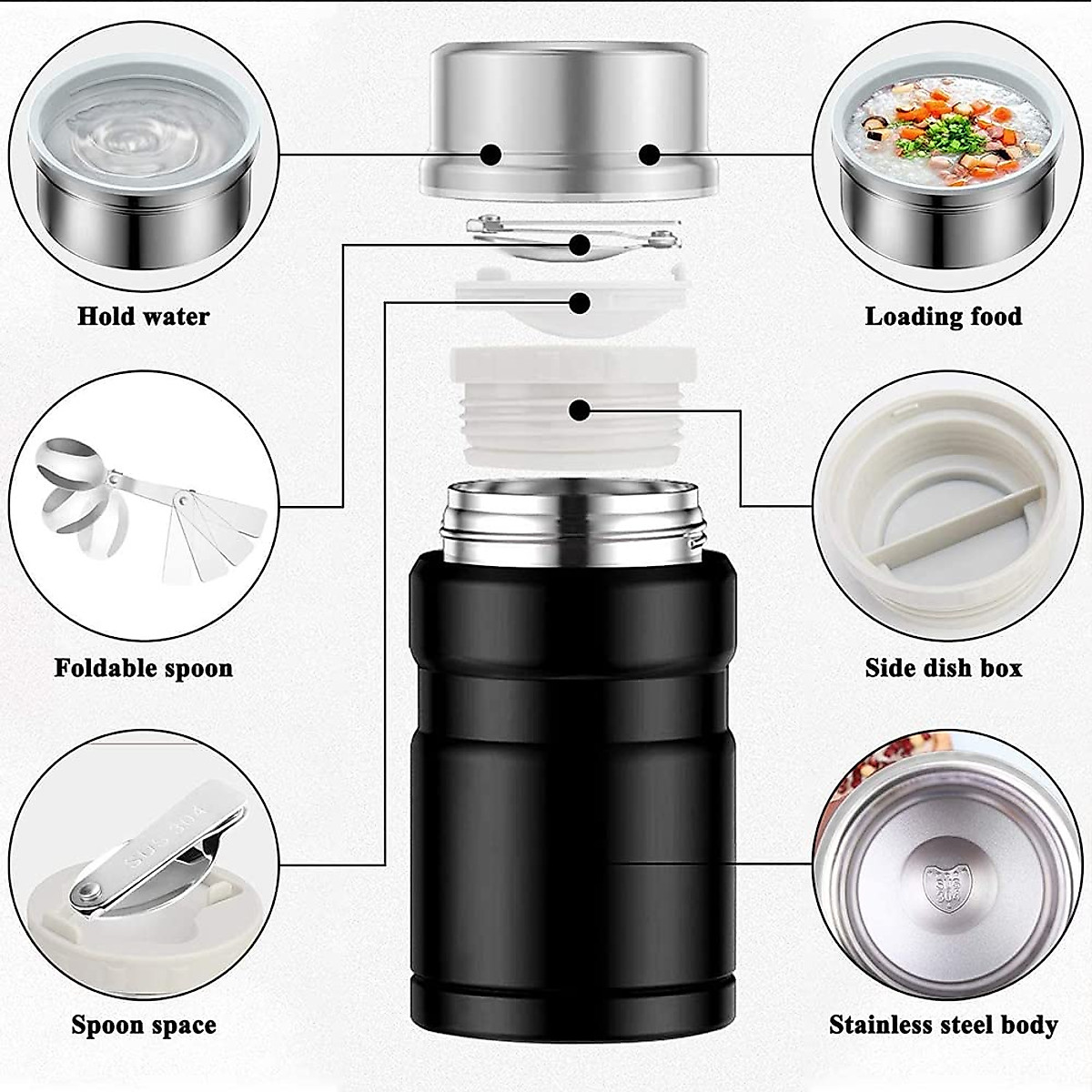 Ateupom 26oz Insulated Container Jar Thermos for Hot Food Soup Thermos with Spoon Stainless Steel Vacuum Bento Lunch Box Food Thermos for for Kids Adult Black 750ml