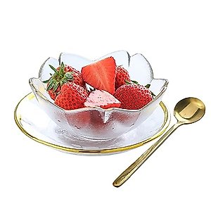 QHYFFS Cherry Blossoms Glass Bowl With Round Plate, Lovely Dessert Bowl 250ml Soup Bowl With Spoon Fruit Salad Bowl For Cocktail,Trifle,Pudding,Christmas Holiday Party