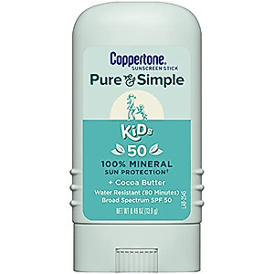 Coppertone Pure and Simple Kids Sunscreen Stick SPF 50, Zinc Oxide Mineral Sunscreen for Kids, Body and Face, 0.49 Oz Stick