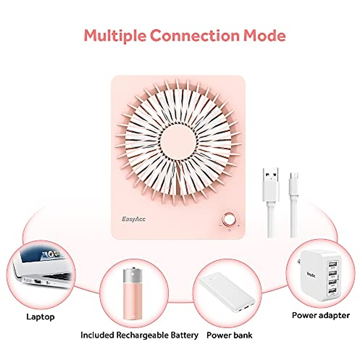 EasyAcc Portable Desk Fan Desktop Fan, 3350 Battery Operated Fan 6-Inch Foldable Travel Fan [ Ultra-Quiet Step-less Speed Control ] 160°Tilt Standing Hanging Fan for Travel Office Home Outdoor