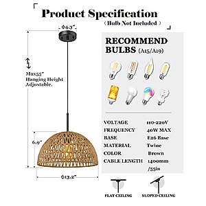 ELYONA Modern Boho Pendant Lights, Hand Woven Hanging Lamp with Dome Basket Shade & Rubber Wood Floor Lamp with Table for Farmhouse Kitchen Island Dining Room Living Room Hallway