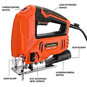 ValueMax Jig Saw, 5.0AMP Corded Electric Jigsaw with 6 Variable Speeds, 4-Position Orbital Setting, ±45° Bevel, Dust Blower and 6Pc Blades, Jigsaw Tool Kit for Wood, Metal and Plastic Cutting