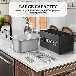 Compost Bin for Kitchen Counter,Countertop Compost Bin with Lid,Kitchen Compost Bin Indoor Compost Container,Food Waste Bin,Smell Proof Stainless Steel Insert 1.6 Gallon and Wood Box Black