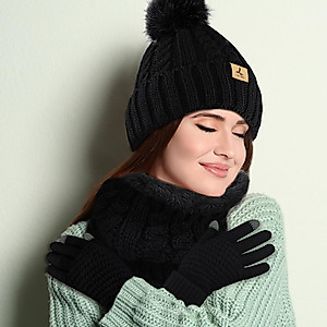 Winter Beanie Hat, Scarf and Touchscreen Gloves Set Black