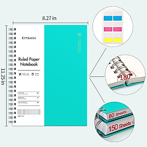 EMSHOI A4 Spiral Notebook College Ruled Lined Journal, 11.2" x 8.27", 300 Pages, 100gsm Thick Paper, Waterproof Softcover, Twin-Wire Binding, Sticky Notes, LightBlue