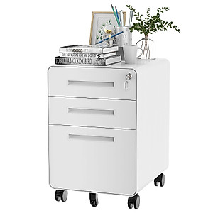 FLEXISPOT Mobile File Cabinet for Home Office 3 Drawer File Cabinet Under Desk Storage Filing Cabinet for Legal/Letter/A4 File,Round Corner Design,White
