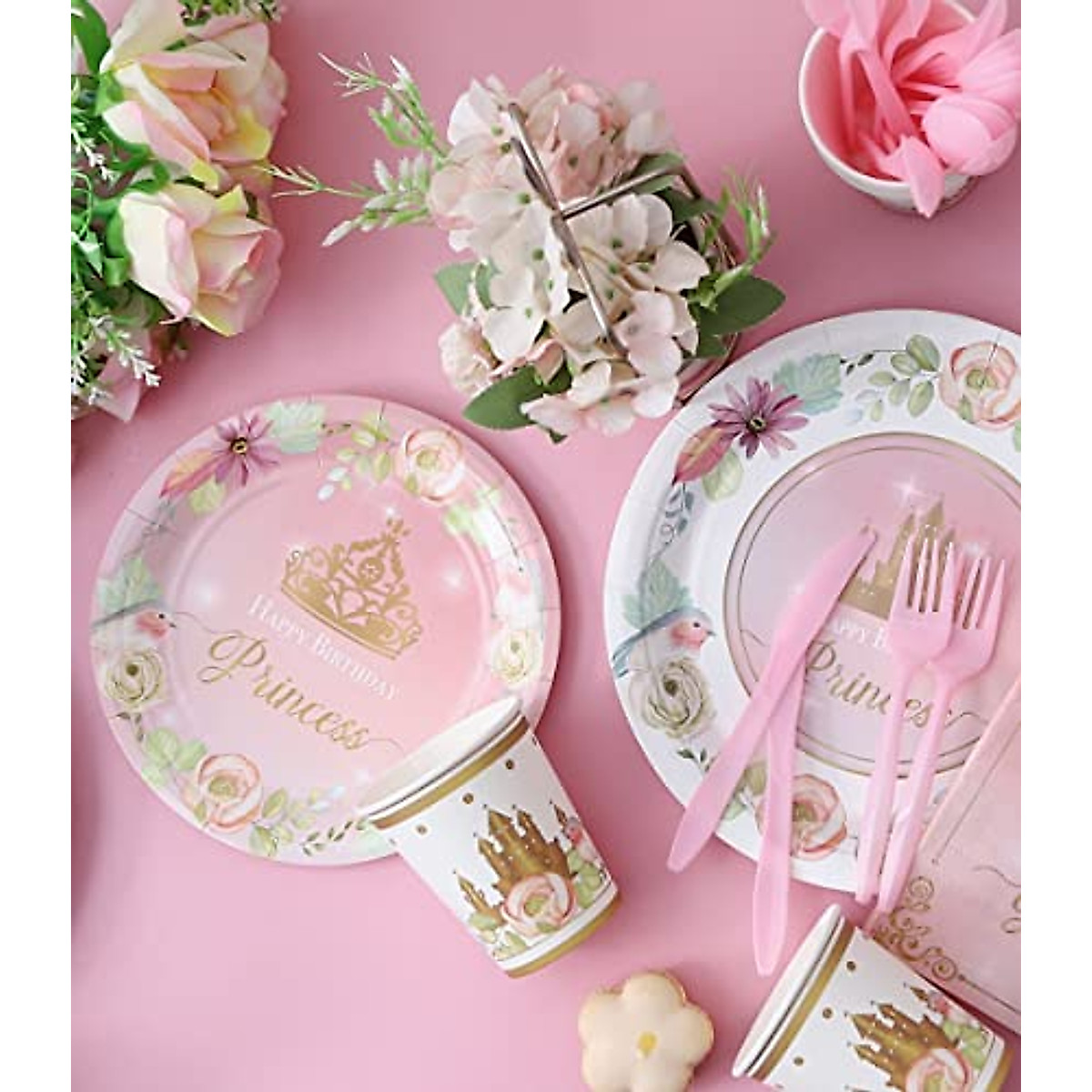 Winoo Design Princess Plates and Napkins Party Supplie - Serves 16 - Princess Birthday Decorations Includes Paper Plates Cups Napkins Cutlery Balloons Banner Tablecloth Party Favor Décor Idea