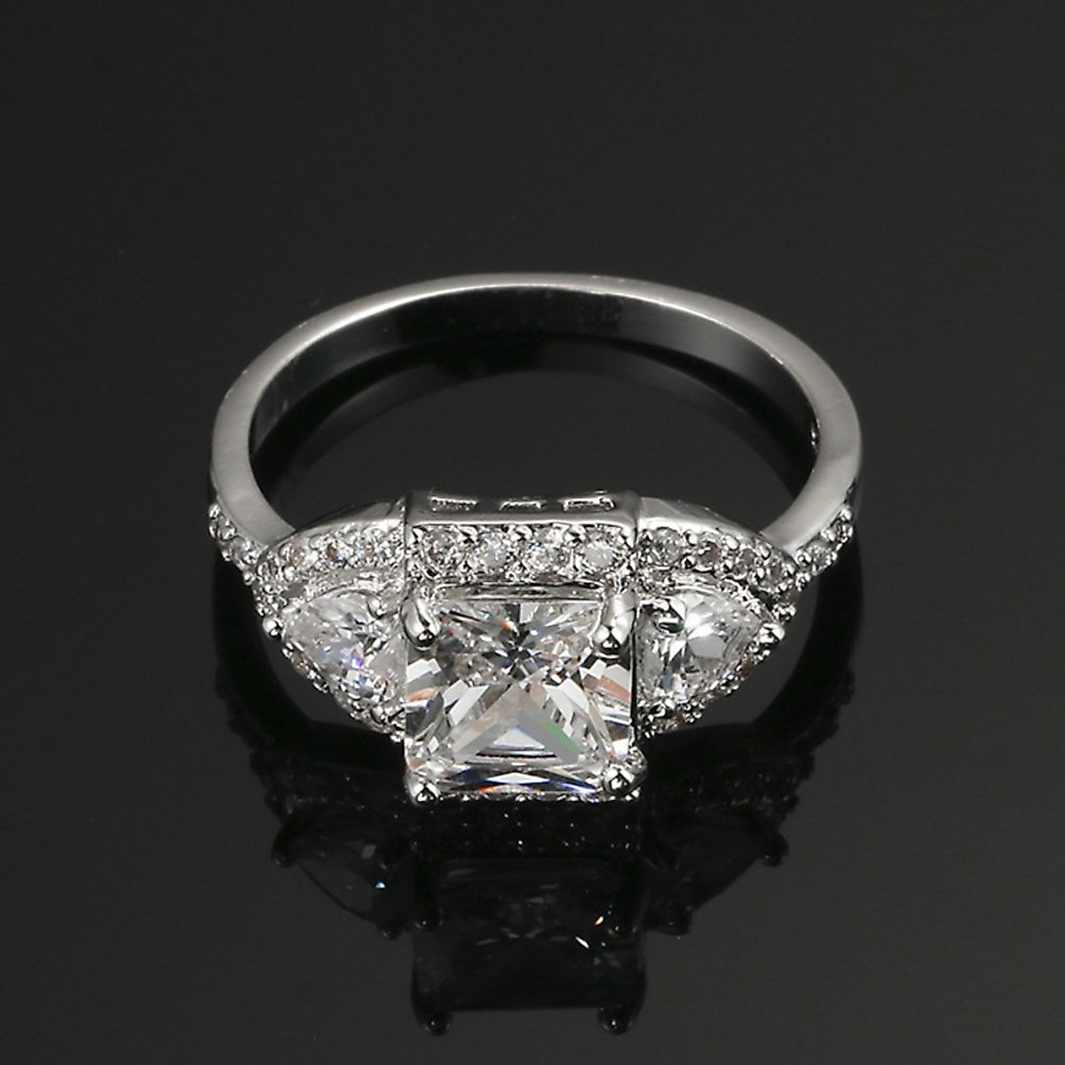 FENDINA Womens 18K White Gold Plated 3 Stone CZ Crystal Eternity Promise Ring Engagement Wedding Bands, Size 6