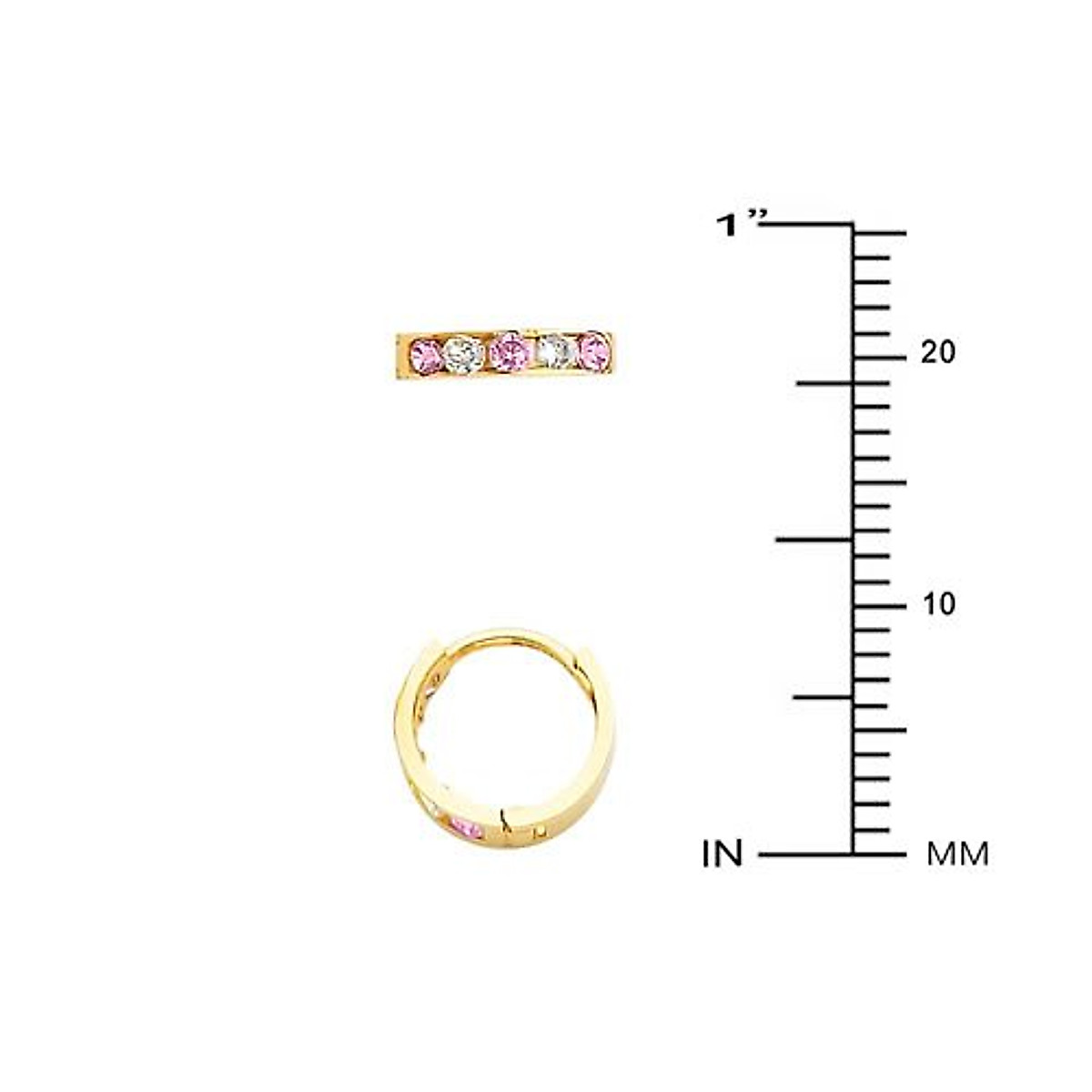 14k Yellow Gold 2mm Thickness Multi Color CZ Channel Set Hoop Huggie Earrings (10 x 10 mm)