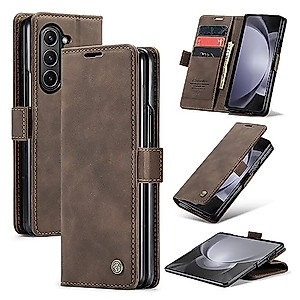 Peenpunk Galaxy Z Fold 5 Case, Leather Galaxy ZFold5 Wallet Case with Card Holder Flip Kickstand Magnetic Case Compatible with Samsung Z Fold 5 5G (Coffee)