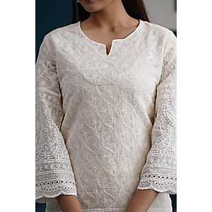 MAGHMA Chikankari Kurtis for Women Pakistani Salwar Kameez Suit Set Indian Dresses Cream White Kurti Pant & White Color Dupatta Set (L)