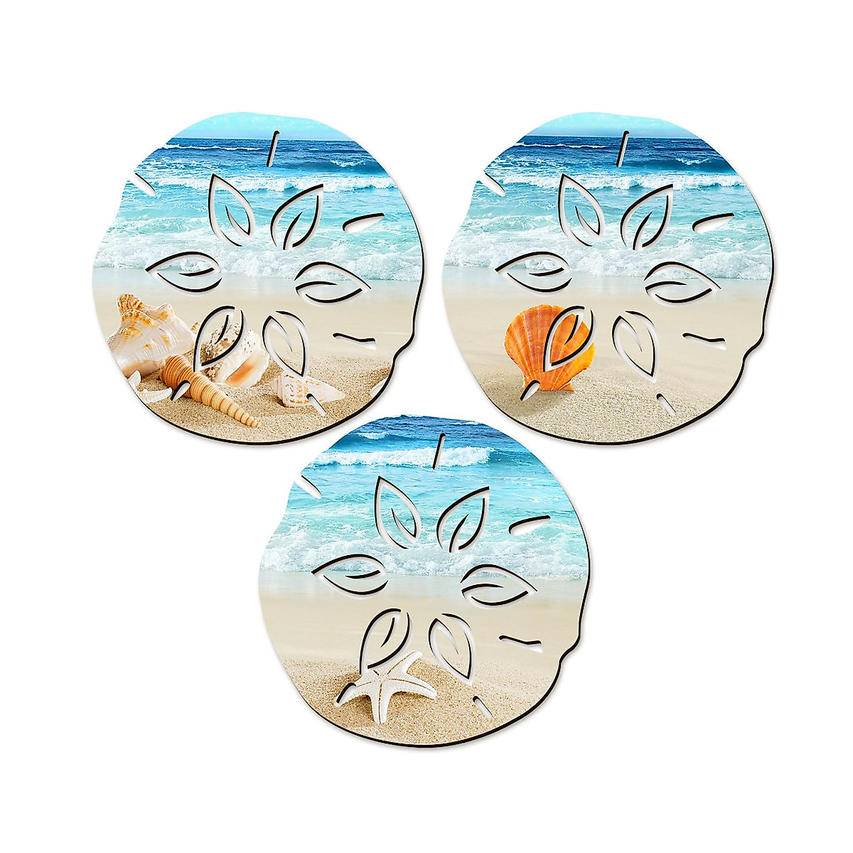 3 Pieces Sand Dollar Wall Decor Wood Outdoor Coastal Wall Art Ocean Beach Wall Decor Starfish Seashell Sand Dollar Beach Signs Hanging Wooden Nautical Bathroom Decor for Home Bathroom Sea Decorations