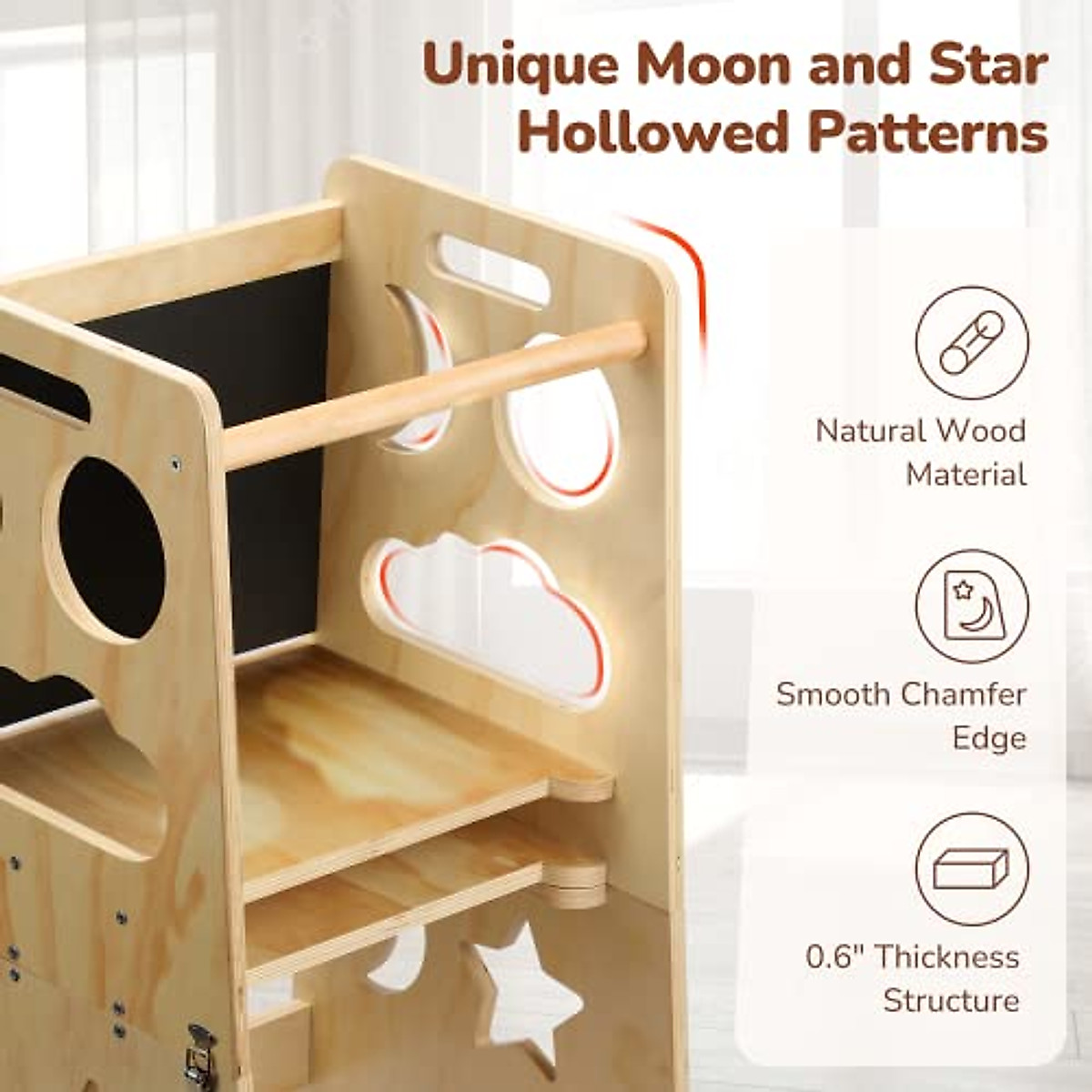 4 in 1 Convertible Learning Tower for Toddlers, MONBLAM Foldable Kitchen Step Helper Stool with Adjustable Height & Safety Rail for 1.5-5Y Kids Kitchen Bathroom Counter