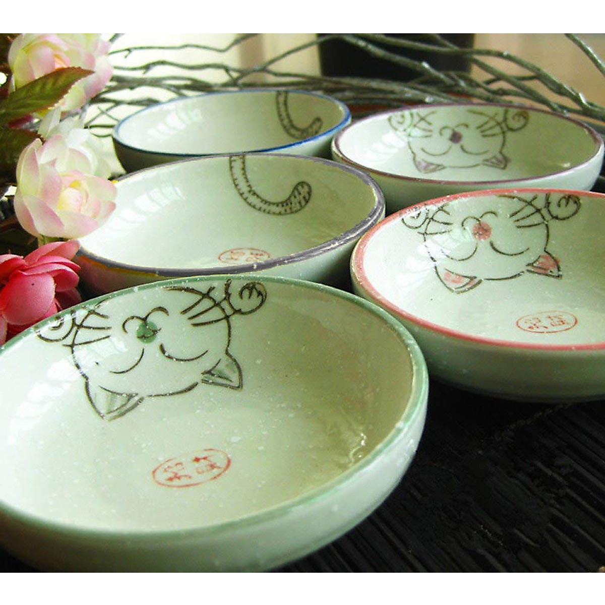 5pcs Ceramics Japanese Cat Seasoning Dishes Sushi Dipping Bowl Appetizer Plate Dessert Plate -3.5 Inch