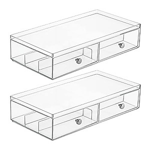 mDesign Wide Stackable Plastic Eye Glass Organizer Box Holder for Sunglasses, Reading Glasses, Lens Cleaning Cloths, Accessories - 2 Divided Drawers with 6 Sections, Chrome Pulls, 2 Pack - Clear