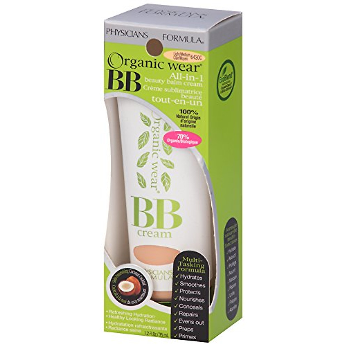 Physicians Formula Organic Wear 100% Natural Origin BB Beauty Balm Cream, Light/Medium, 1.2 Fluid Ounce