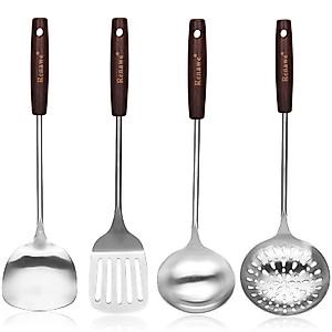 15 inch Large Spatula Slotted Turner Soup Ladle 304 Stainless Steel Wok Spatula Set Slotted Spoon for Cooking Utensils Set Long Wooden Handle Ladles Kitchen Metal Spatula Cooking Spoons