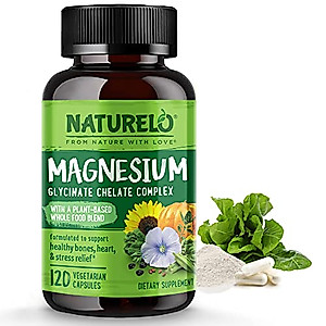NATURELO Magnesium Glycinate Chelate Complex - 200 mg Magnesium with Organic Vegetables to Support Sleep, Calm, Muscle Cramp & Stress Relief – Gluten Free, Non GMO - 120 Capsules