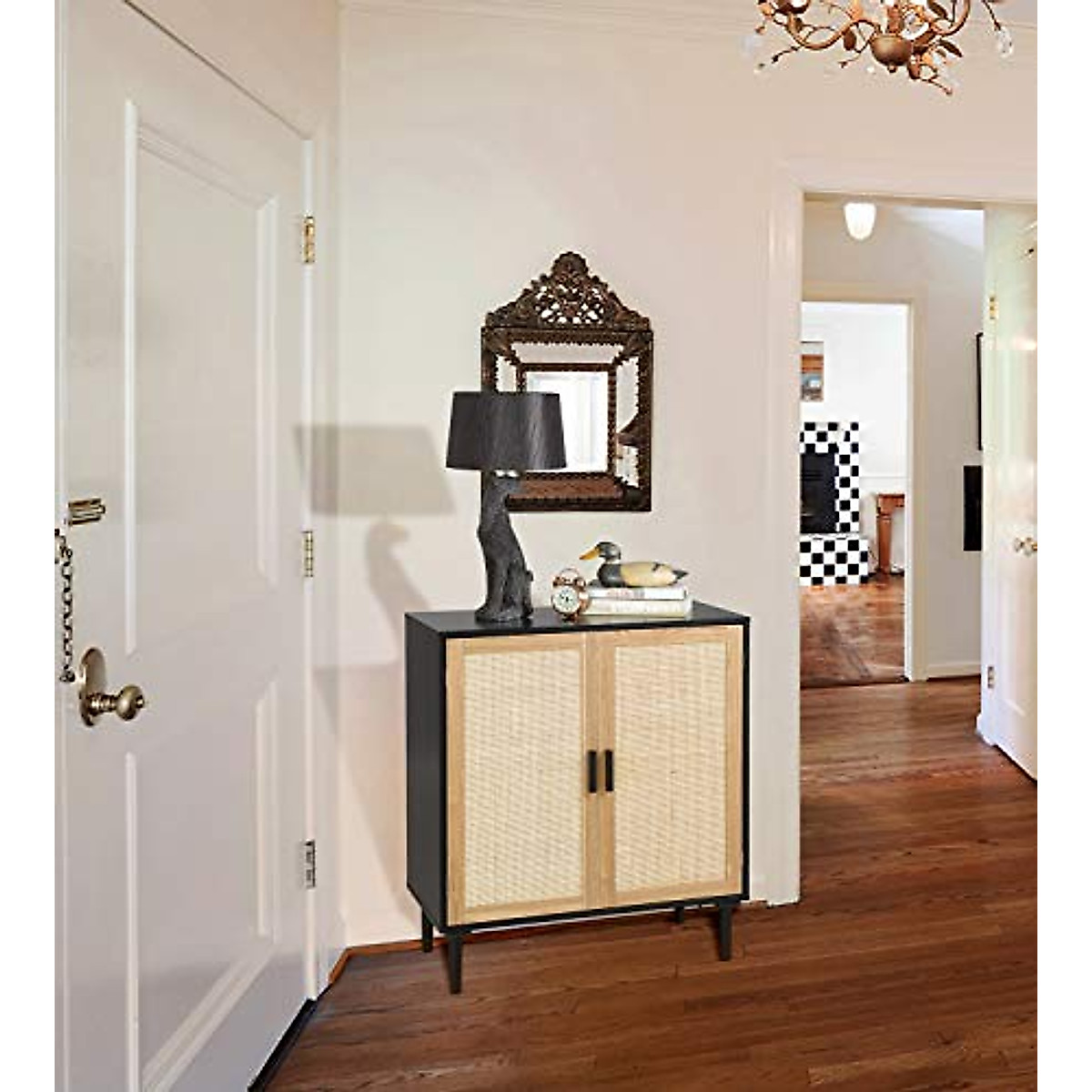 Finnhomy Sideboard Buffet Cabinet, Kitchen Storage Cabinet with Rattan Decorated Doors, Liquor Cabinet for Bar, Dining Room, Hallway, Cupboard Console Table, Accent Cabinet, 31.5X 15.8X 34.6 Inches