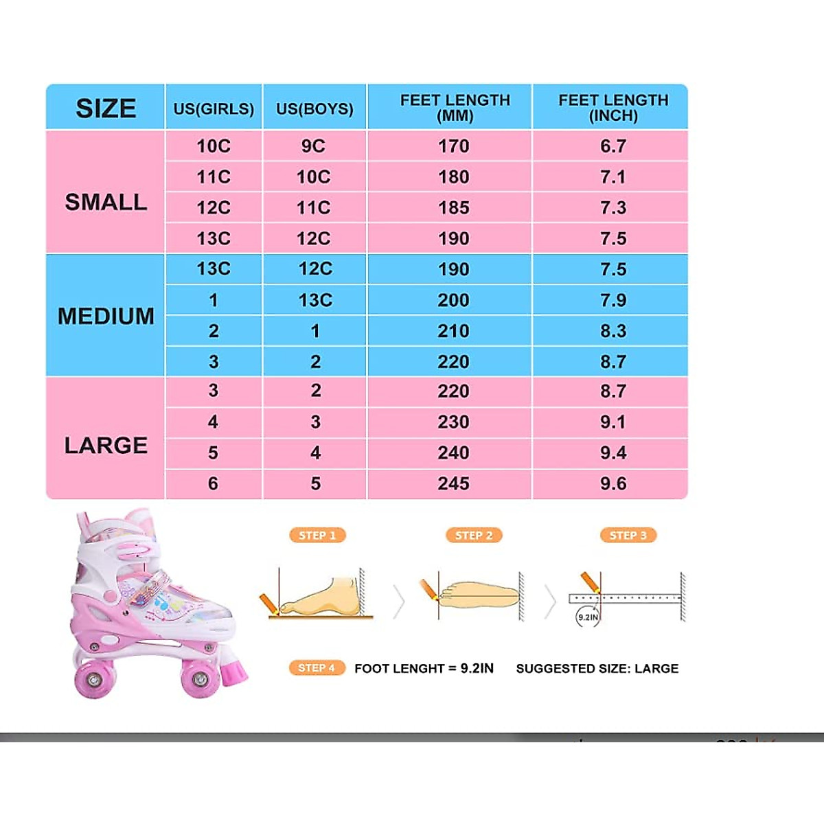 Hikole Girls Roller Skates with 4 Adjustable Size，All 8 Light Up Wheels Kids Roller Skates for Outdoor & Indoor
