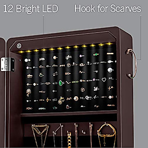 YOKUKINA LED Jewelry Cabinet Armoire, Large Storage Lockable Organizer with Frameless Free Standing Dressing Mirror (Brown)