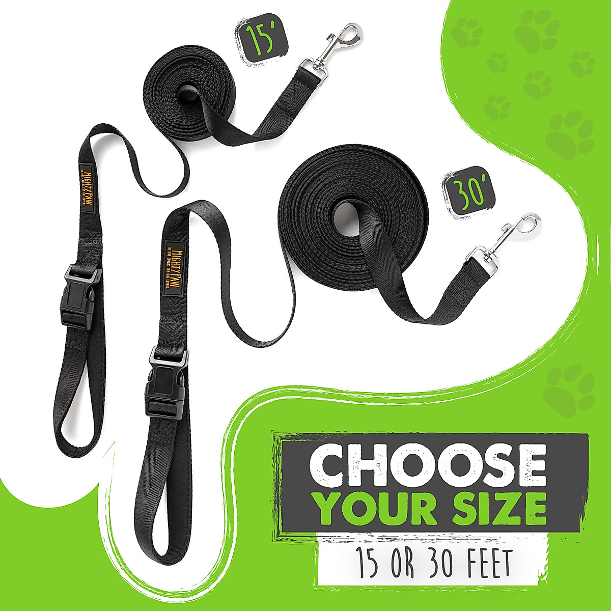 Mighty Paw Long Dog Leash | Pet Lead for Off-Leash Recall Training. Premium Quality Nylon Tie Out , Includes a Buckled Padded Handle. Great for Yard, Camping and Training. (15 Feet, Black)