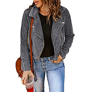 Dokotoo Motorcycle Jackets for Women Winter Fall Zip Up Collar Long Sleeve Zipper Corduroy Casual Fashion Blet Cropped Outerwear Gray Medium