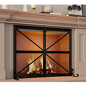 Fire Beauty Fireplace Screen with Doors, 2-Pannel Handcrafted Solid Wrought Iron Decorative Mesh,Baby Safe Proof Firewood Burning Stove Accessories(Black)