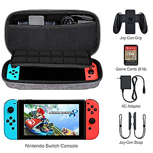 VUP Carrying Case Compatible with Nintendo Switch, Protective Hard Cover Storage Case, Portable Travel Carry Case for Accessories and 18 Game Cartridges, Gray