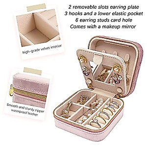 Soddeph Velvet Jewelry Box with Mirror,Mini Travel Jewelry Case, Plush Jewelry Travel Case, Small Portable Travel Jewelry Organizer, Gift for Women Girls (Prism pink)