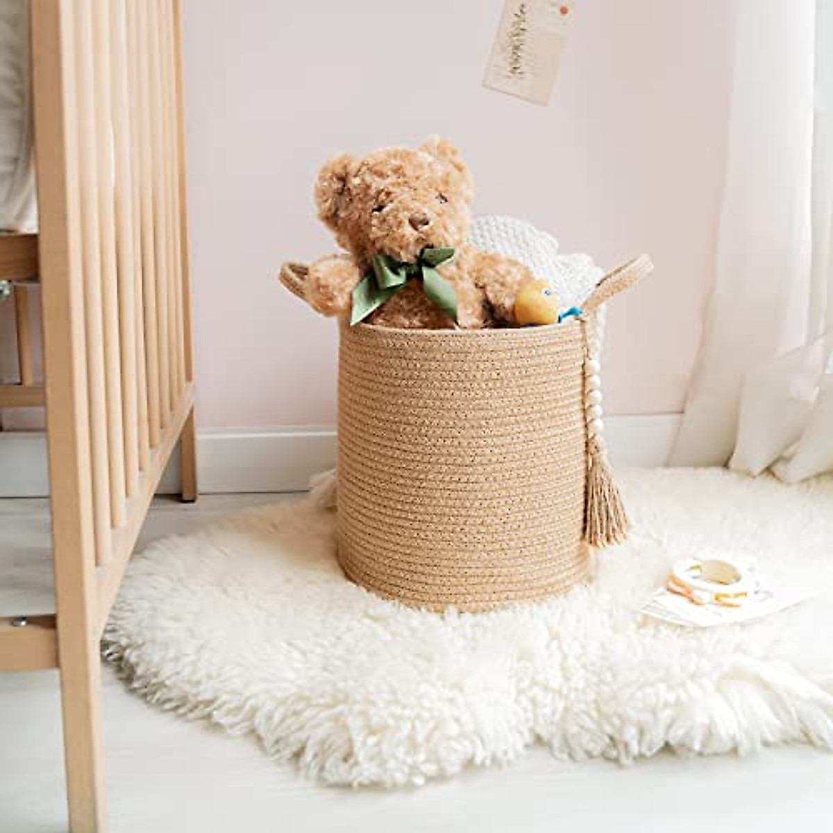 Mkono Woven Storage Basket Decorative Rope Basket Wooden Bead Decoration for Blankets,Toys,Clothes,Shoes,Plant Organizer Bin with Handles Living Room Home Decor, Jute, 11" W x 11"L