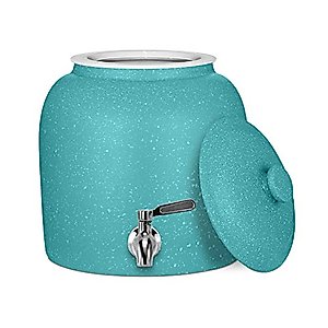 Geo Sports Bottles Porcelain Ceramic Crock Water Dispenser, 8 Inch Wood Stand, Stainless Steel Faucet, Valve and Lid Included. Fits 3 to 5 Gallon Jugs. BPA (Baby Blue with Speckles)