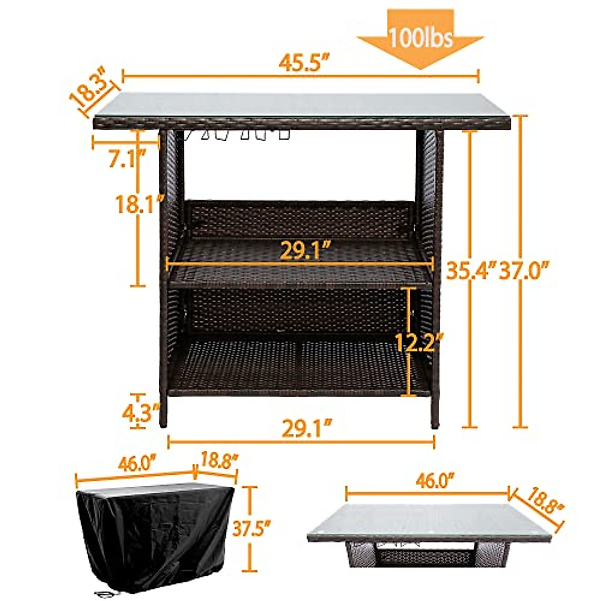 FOOWIN PE Wicker Bar Counter, 3 in 1 Glass Top Outdoor Patio Bar Table w/ 3 Steel Shelves, Rattan Bar Counter w/ 3 Sets of Rails, Gift Waterproof Cover and Dust Tablecloth for Garden Patio