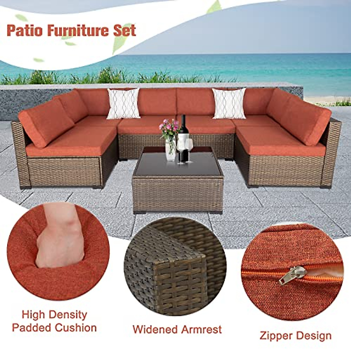 7 Pieces Outdoor Patio Sectional Sofa Set,Brown Wicker Furniture Set, Washable Seat Cushions with Zippers and Tempered Glass Table, Maple Red Cushion