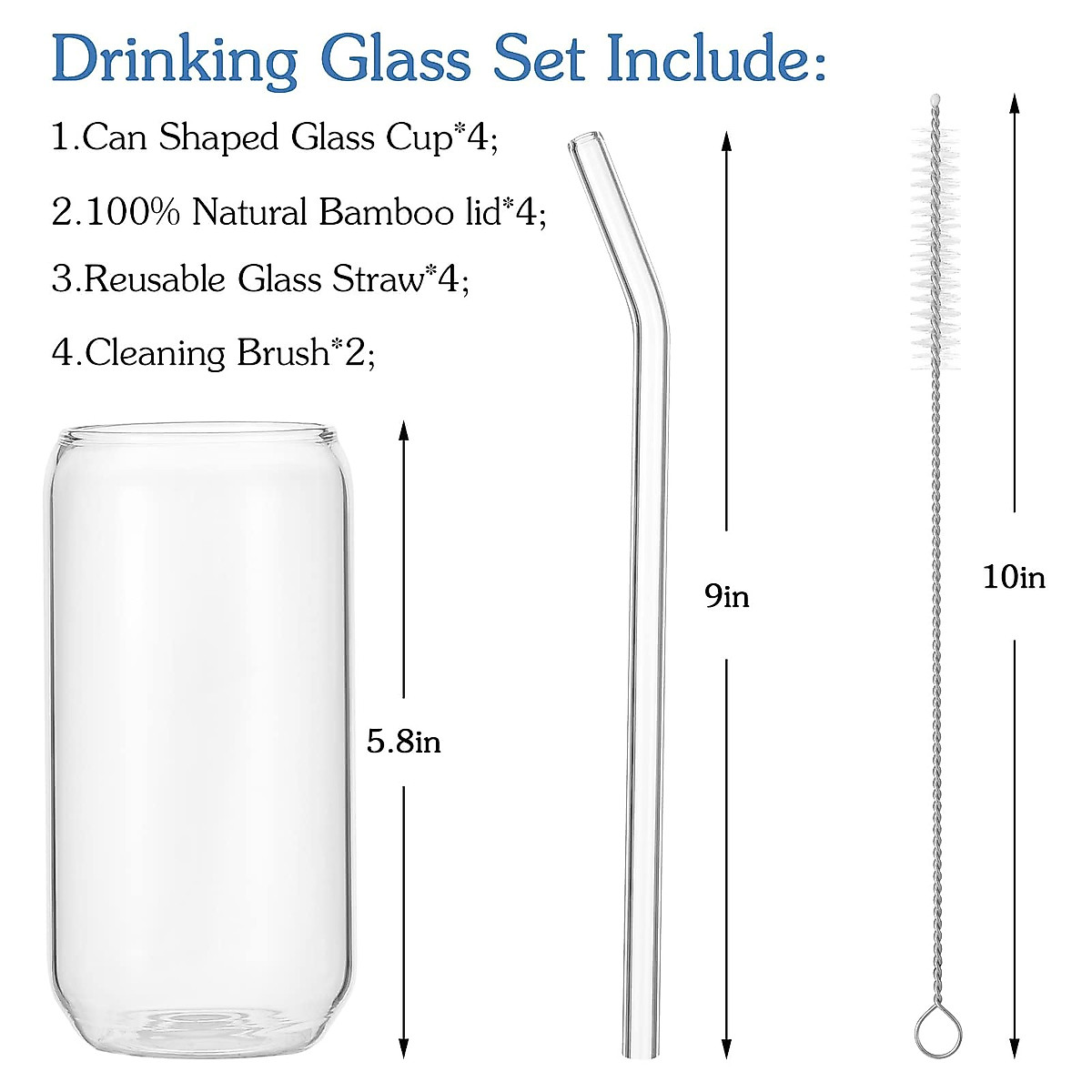 YMQAHWY 4Pcs Set Drinking Glasses with Bamboo Lids and Glass Straw, 16oz Can Shaped Glass Cups, Beer Glasses, Iced Coffee Cups, Glass Tumbler Include 2 Cleaning Brushes, Great for Cocktail,Gifts
