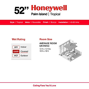 Honeywell Ceiling Fans Palm Island, 52 Inch Tropical Indoor Outdoor Ceiling Fan with No Light, Pull Chain, Three Mounting Options, 5 Palm Leaf Blades, Wet-Rated - 50207-01 (Bronze)