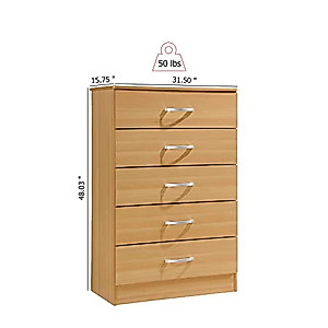 HODEDAH IMPORT 5 Drawer Chest, with Metal Gliding Rails, Beech, 47.8x31.5 inches