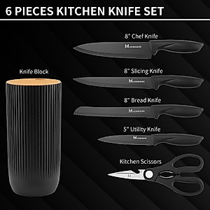 Howashin Knife Set, 6-Piece Black Professional Stainless Steel Knives Set for kitchen with Universal Knife Block - Non-Stick Sharp Blade Chef Knife Set with Cylindrical Knife Block for Gift.