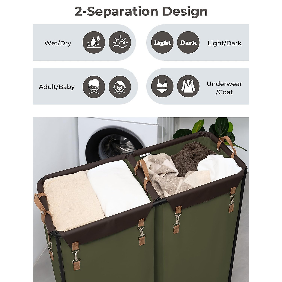 StorageWorks Laundry Sorter Cart with 2 Sections, 390L Laundry Cart with Wheels, Extra Large Double Laundry Hamper, Laundry Basket Divider for Hotel, Home, Green, 1-Pack