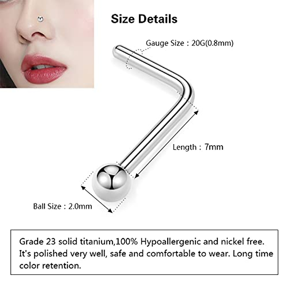 GAGABODY G23 Titanium 20G Nose Ring Hoop 2mm Press Fit Crystal Gem Nose Screw Nose Studs Ring L-Shaped Bone Piercing Jewelry