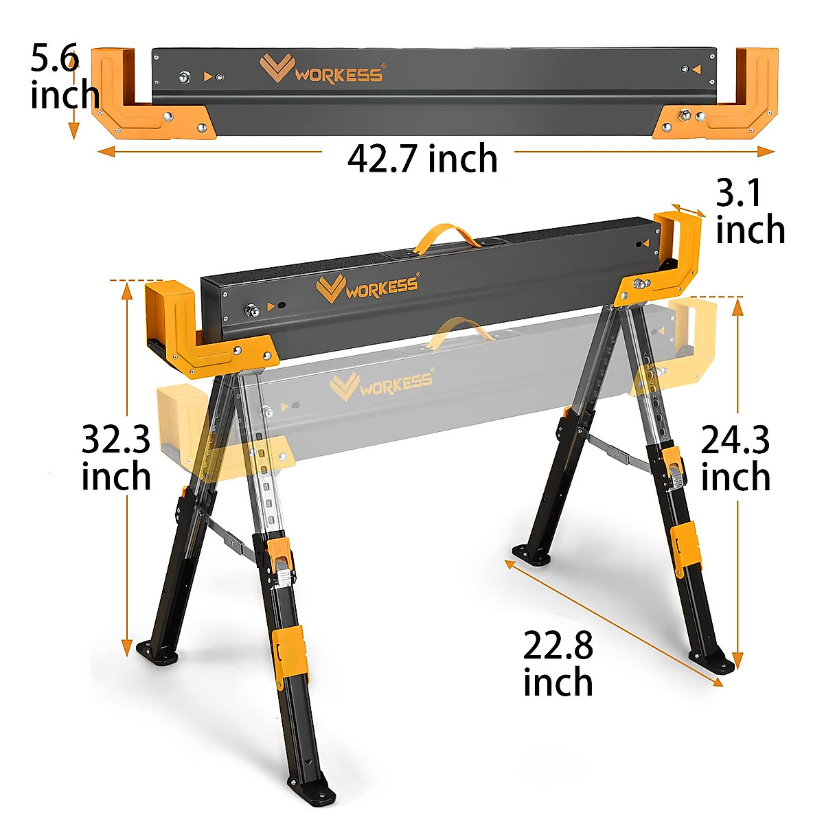WORKESS Saw Horses 2 Pack Folding, 2600 Lbs Load Capacity & 24-32 Inch Adjustable Height Heavy Duty Sawhorse Table with 2x4 Support Arms, Portable Folding Legs and Easy Grip Handle for Woodworking